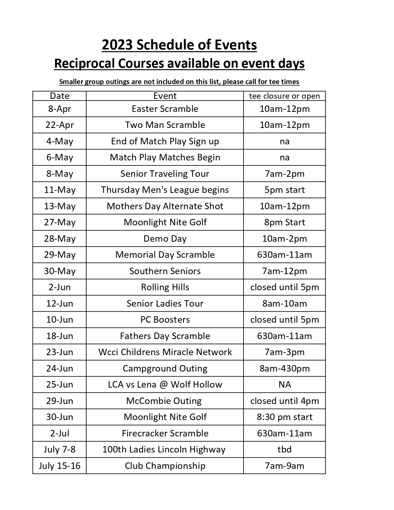 Event Calendar - Lake Carroll Golf Course
